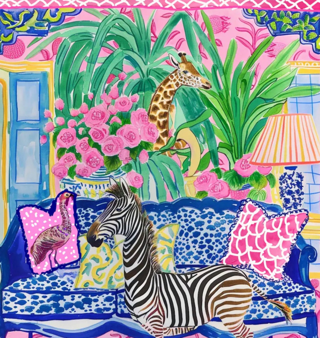 Digital, Grandmillennial Art, Zebra in Blue and Green Chinoiserie ...