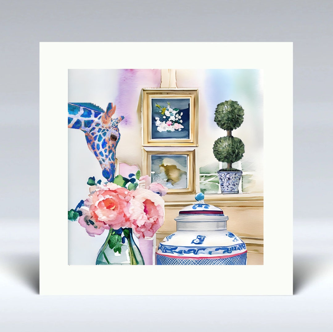 Grandmillennial Art, Blue Giraffe in Preppy Interior Watercolor ...