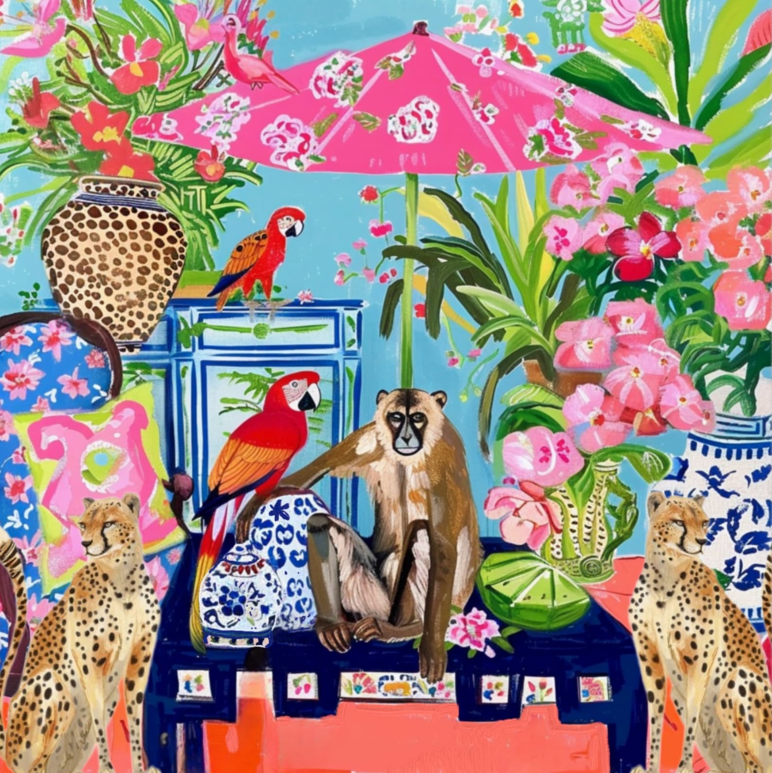 Cheetah & Monkey Chinoiserie Art Print: Grandmillennial Decor - Etsy