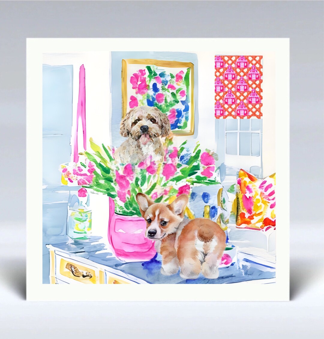 Grandmillennial Art, Dogs and a Bunch of Tulips in Preppy Interior - Etsy