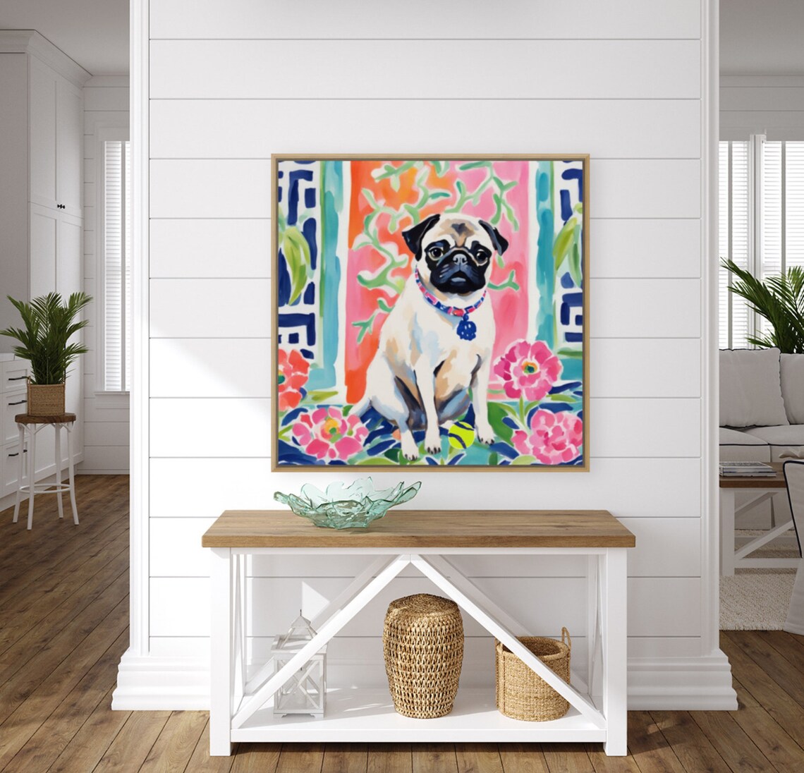 Grandmillennial Art, Preppy Whimsical Watercolor, Pug and a Tennis Ball ...