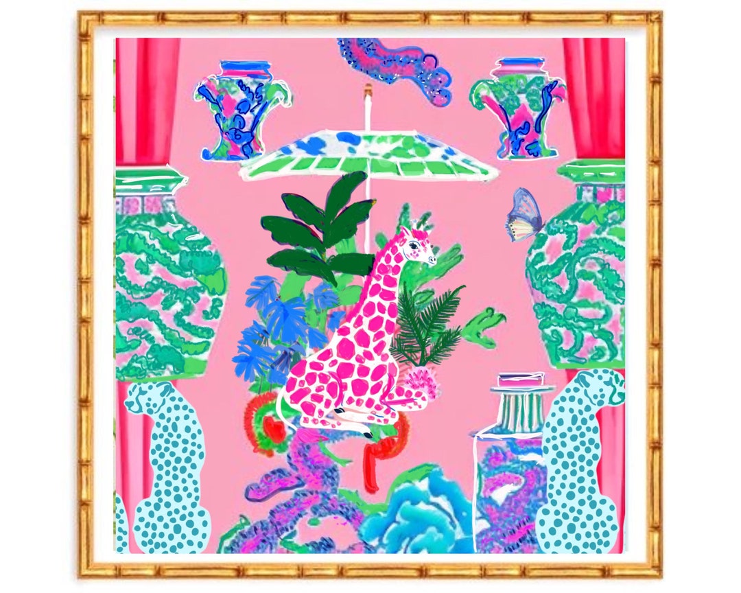 Grandmillennial Art, Instant Download Pink Giraffe Under Green Umbrella ...