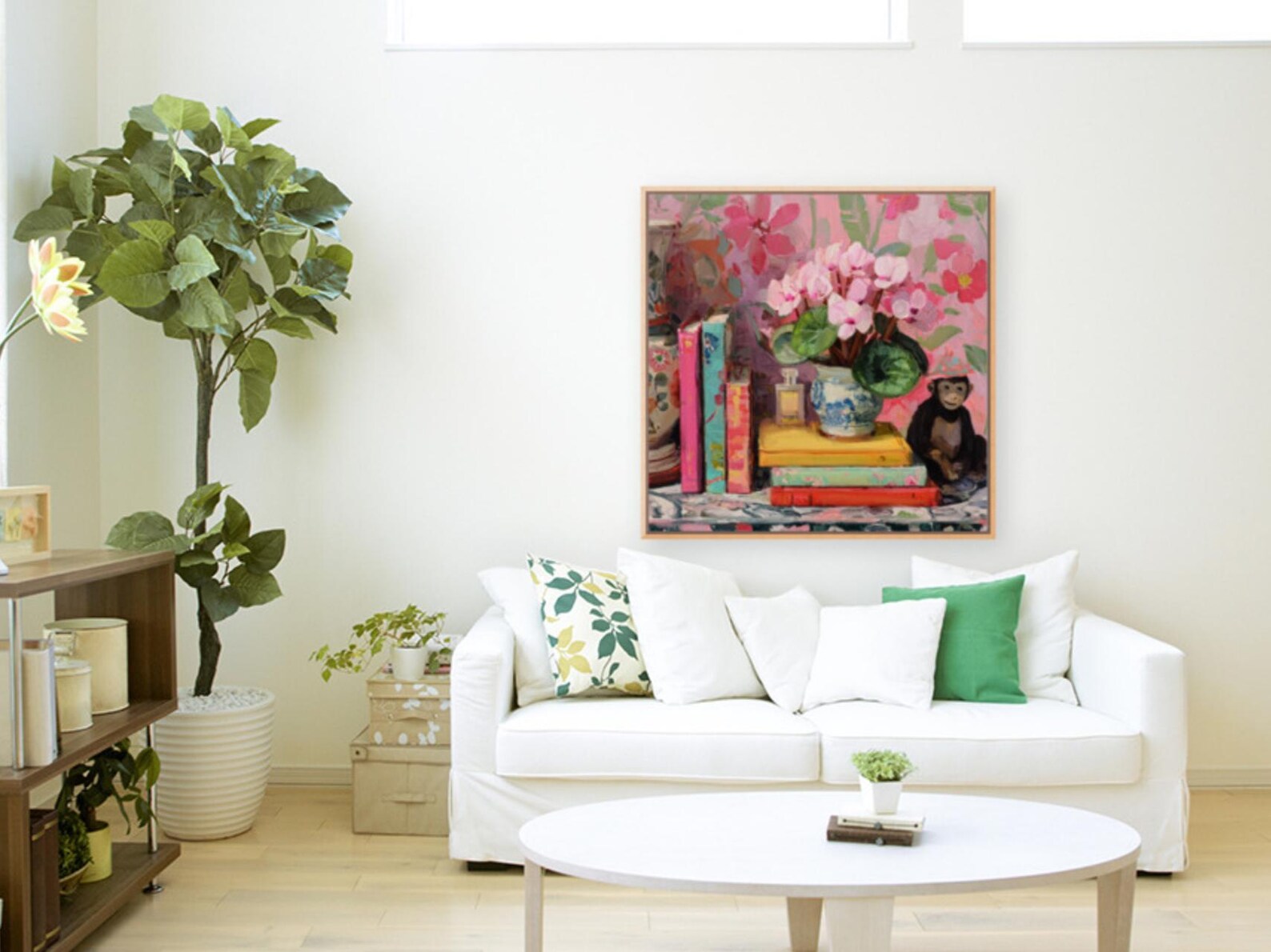 Cyclamen in Ginger Jar and a Cheeky Monkey, Grandmillennial Art, Still ...