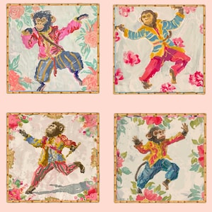 Chinoiserie Dancing Monkeys Watercolor, Giclee Prints, Set of Four ...