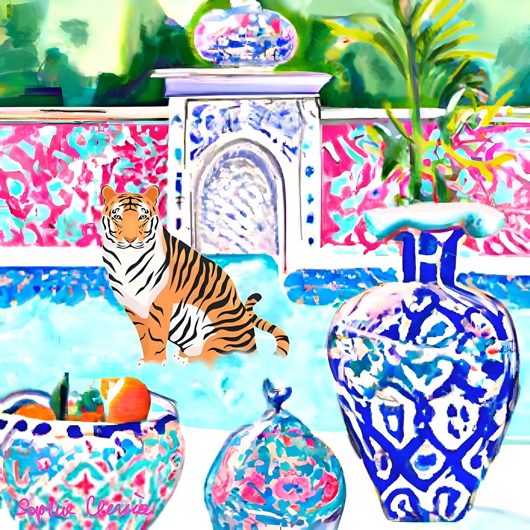 Grandmillennial Art, Tiger in Moroccan Swimming Pool Print - Etsy