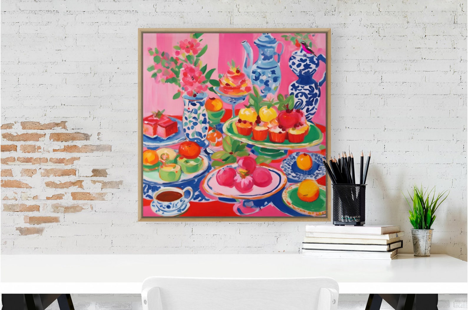 Grandmillennial Art, Preppy English Tea and Cakes, Whimsical Watercolor ...