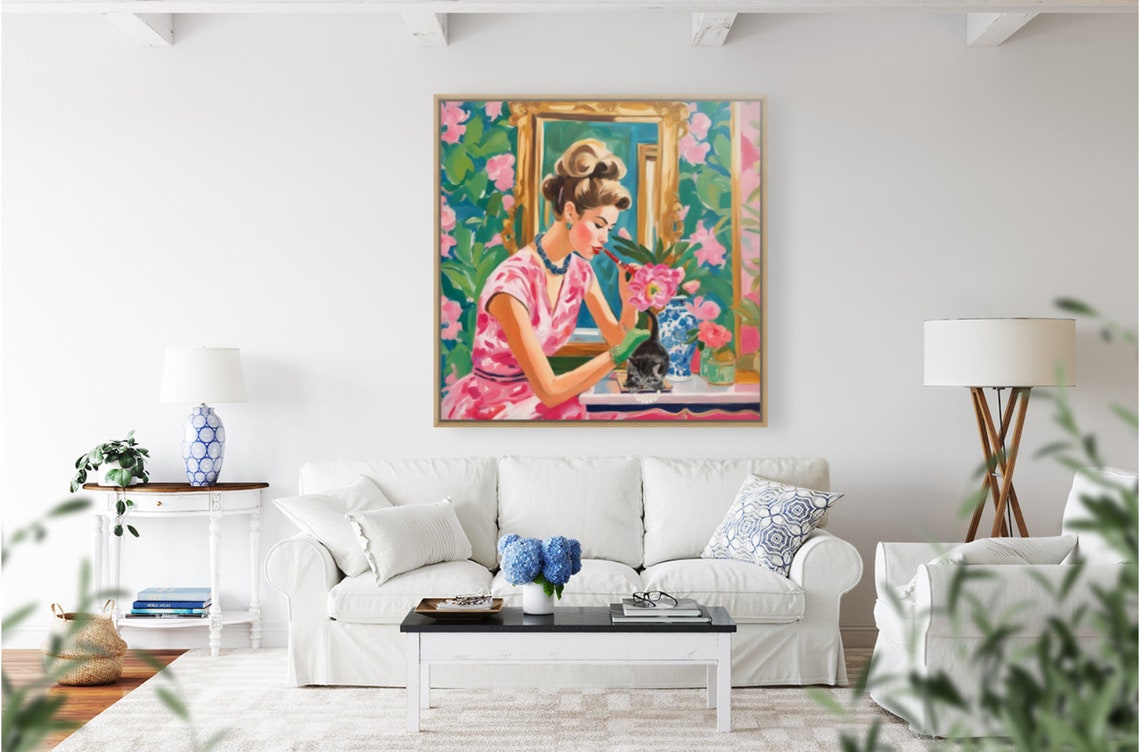 Grandmillennial Art, Getting Ready, Preppy Whimsical Painting - Etsy