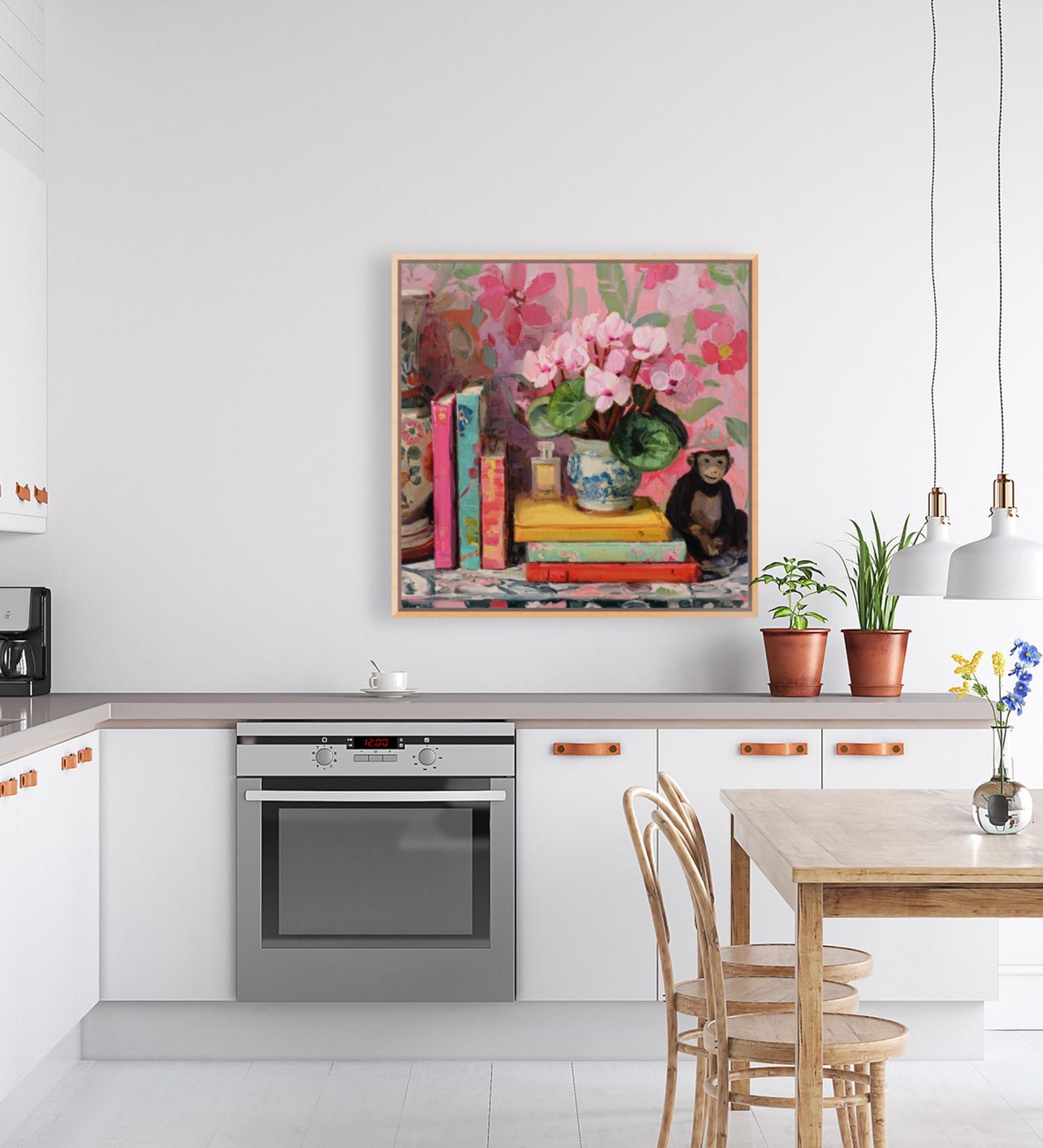 Cyclamen in Ginger Jar and a Cheeky Monkey, Grandmillennial Art, Still ...
