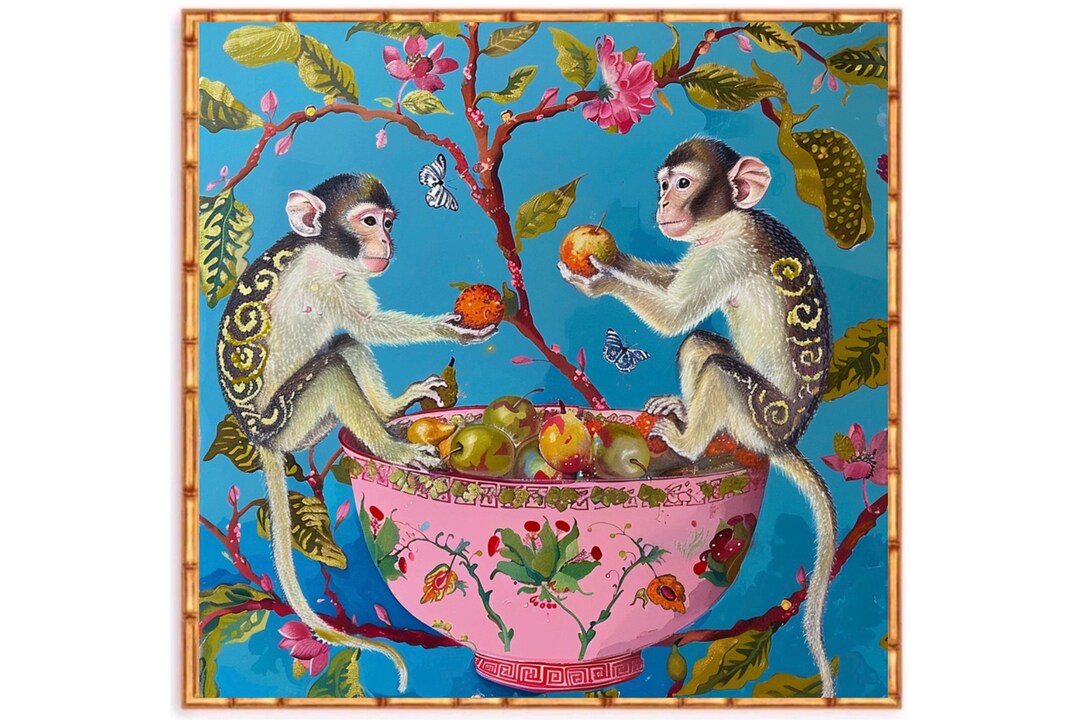 Grandmillennial Art, Monkeys Playing With Fruits Chinoiserie Art Print ...