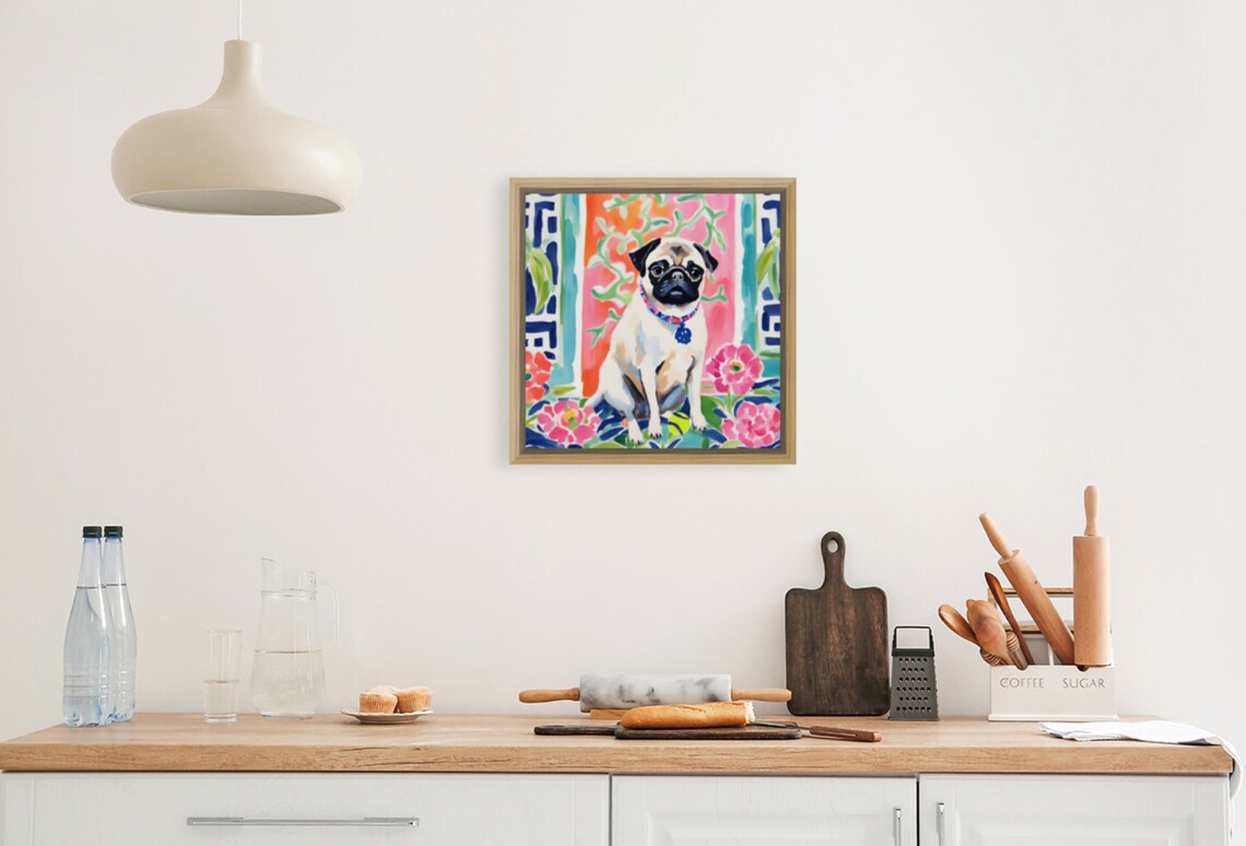 Grandmillennial Art, Preppy Whimsical Watercolor, Pug and a Tennis Ball ...