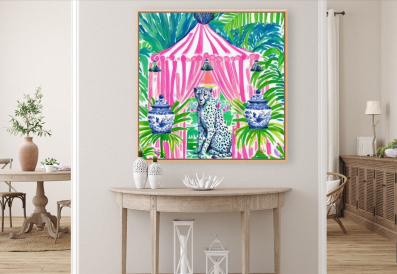 Grandmillennial Art, Blue Cheetah in Pink Cabana, Palm Beach Art - Etsy