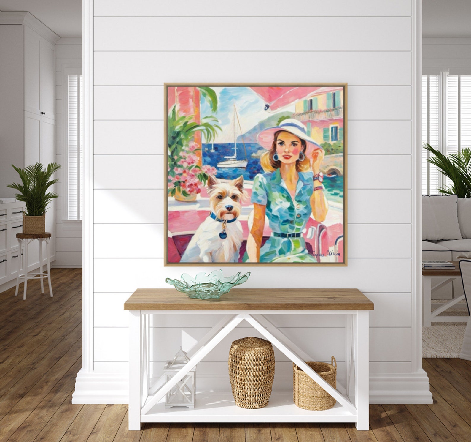 French Riviera Art Print: Elegant Woman and Dog, Coastal Scene - Etsy
