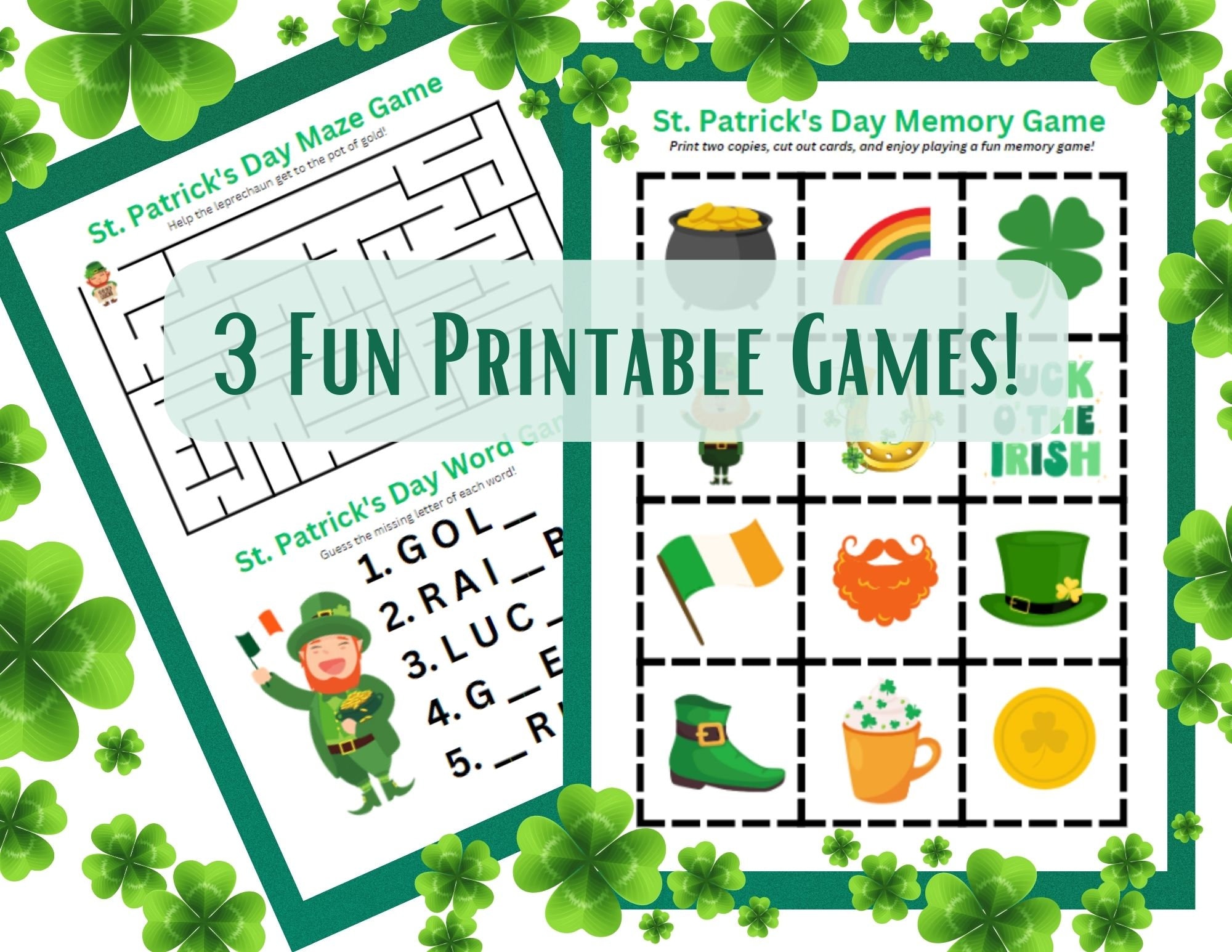 Printable St. Patrick's Day Memory Game, Maze Game, Word Game Combo ...