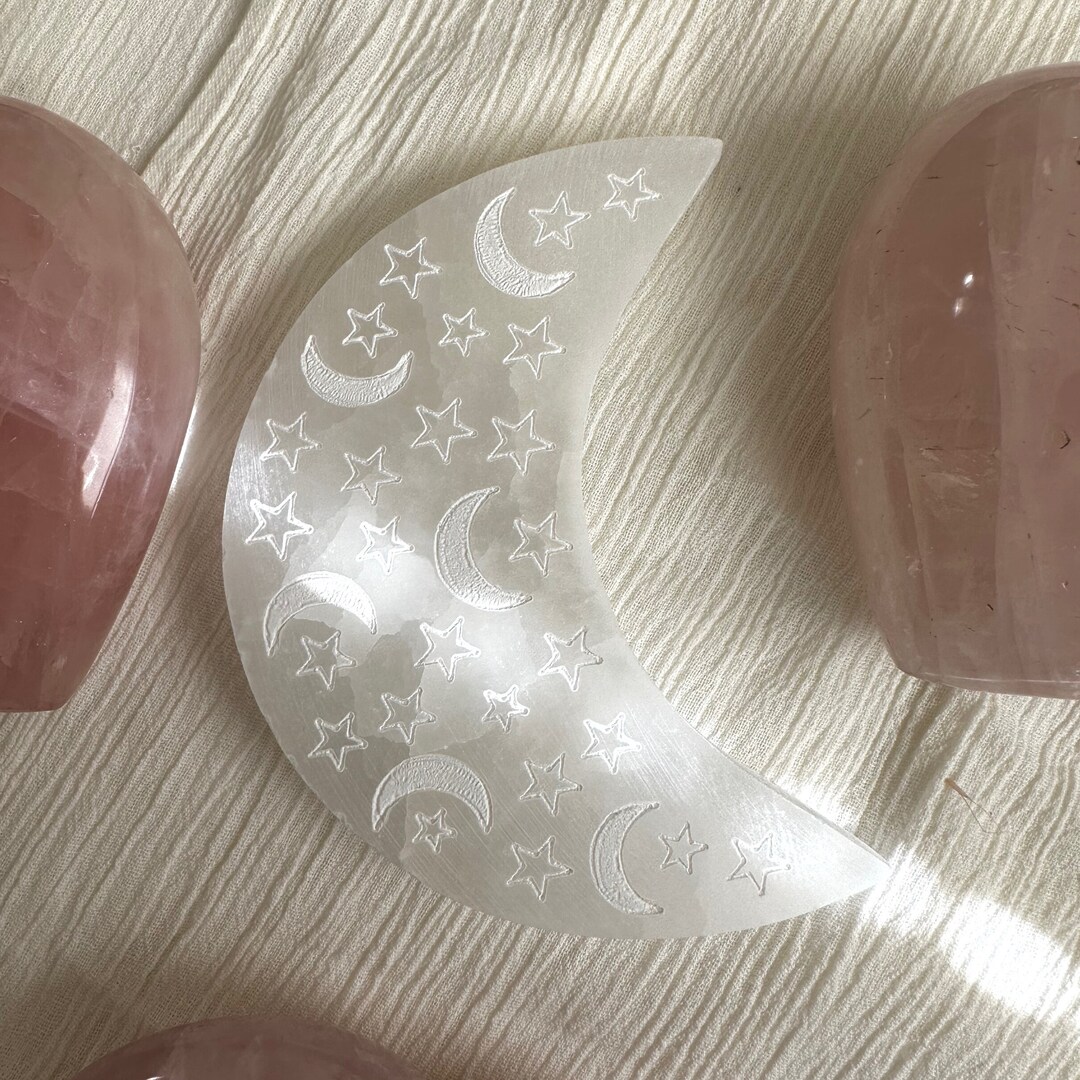 Etched Charging Crescent Moon Selenite Crystal Star and Moon, Hand ...