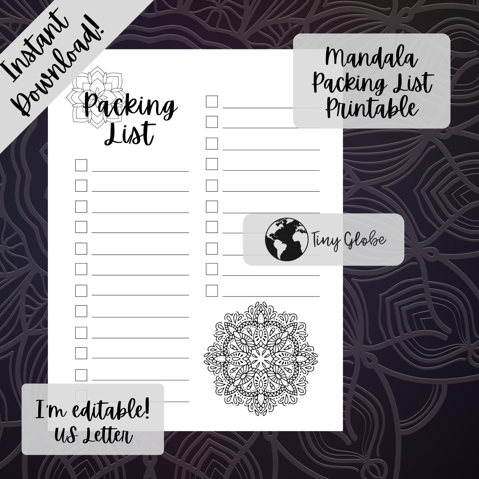 Mandala Travel Planner & Itinerary Printable **bonus Packing List ...
