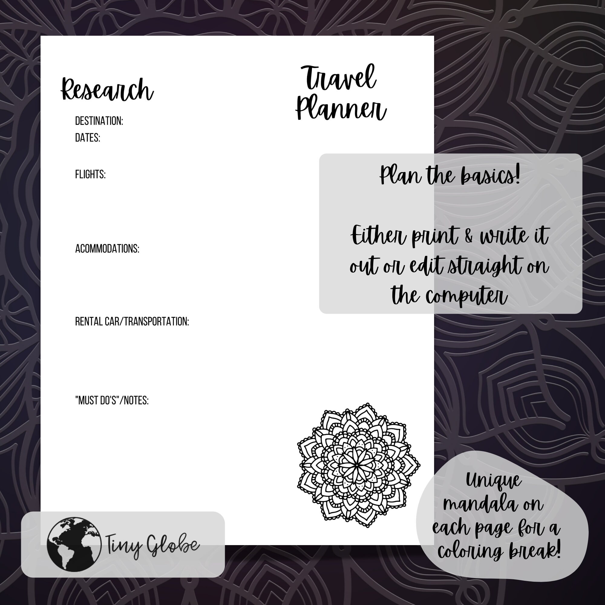 Mandala Travel Planner & Itinerary Printable **bonus Packing List ...