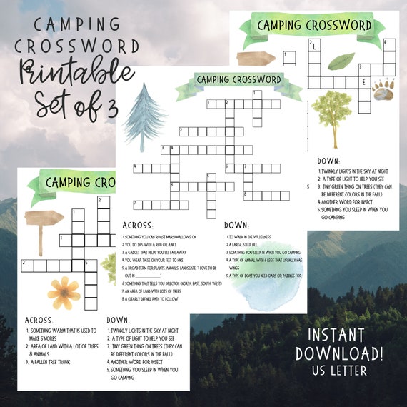 Camping Crossword Puzzle Printable multi-pack | Etsy