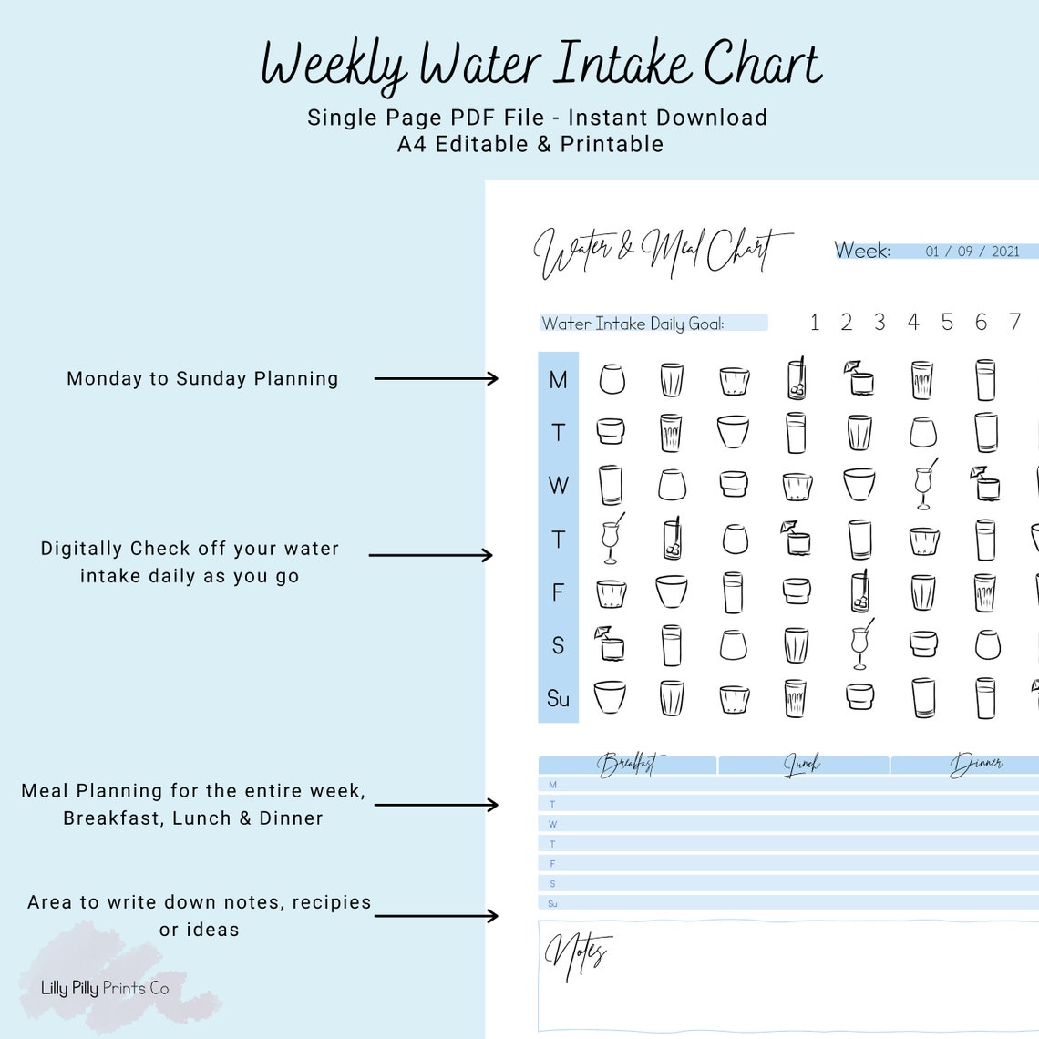 Editable PDF Weekly Water Intake Chart | Printable & Editable | 7 Day ...