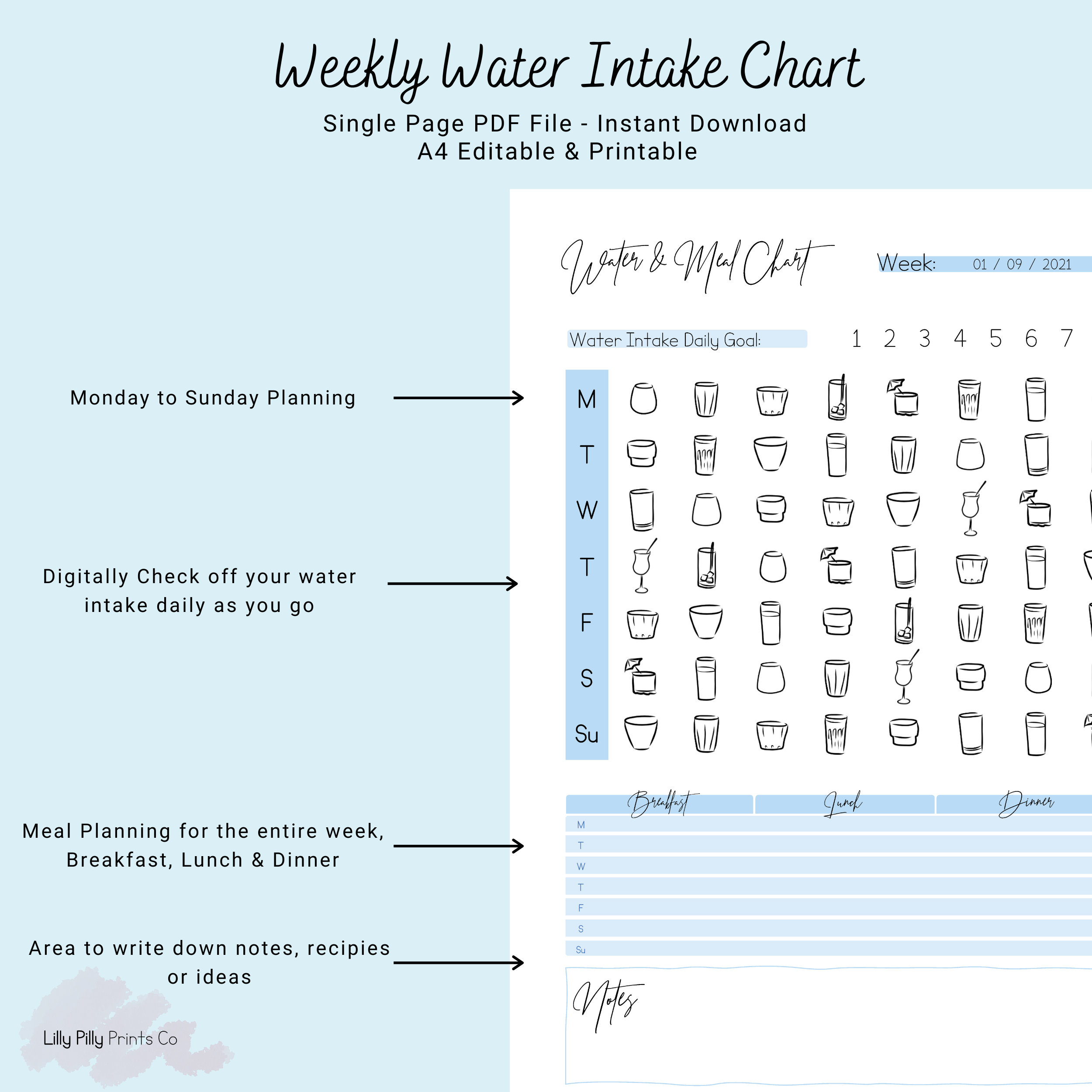 Editable PDF Weekly Water Intake Chart | Printable & Editable | 7 Day ...