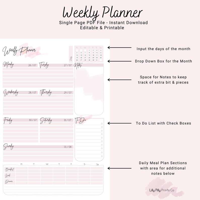 Editable PDF Weekly Planner | Printable & Editable | A4, A5, Letter ...