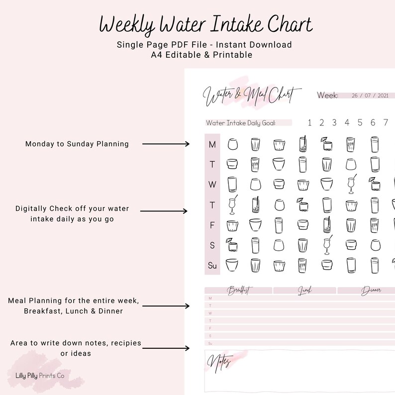 Editable PDF Weekly Water Intake Chart | Printable & Editable | 7 Day ...