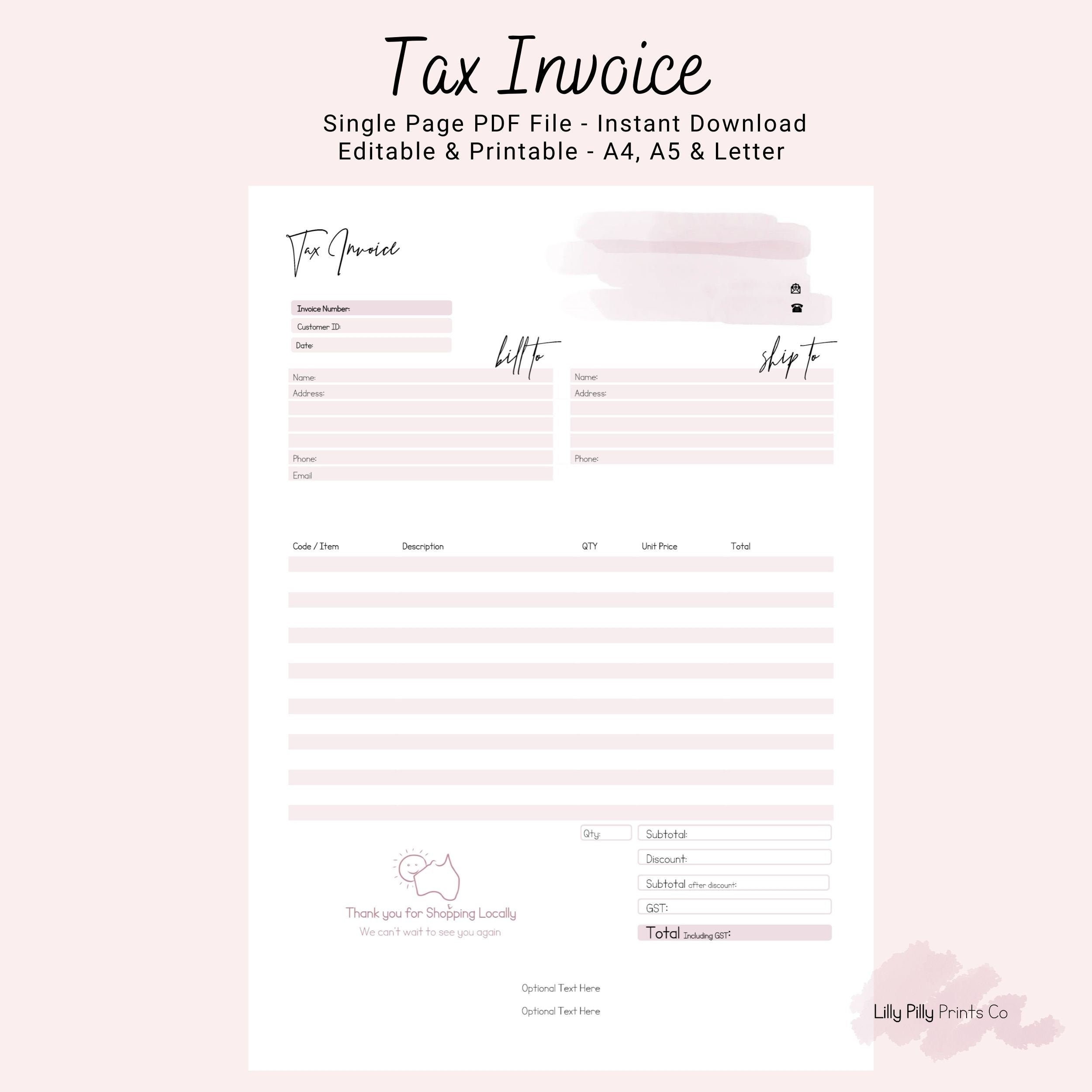 Editable PDF Tax Invoice | Printable & Editable | Professional Tax ...