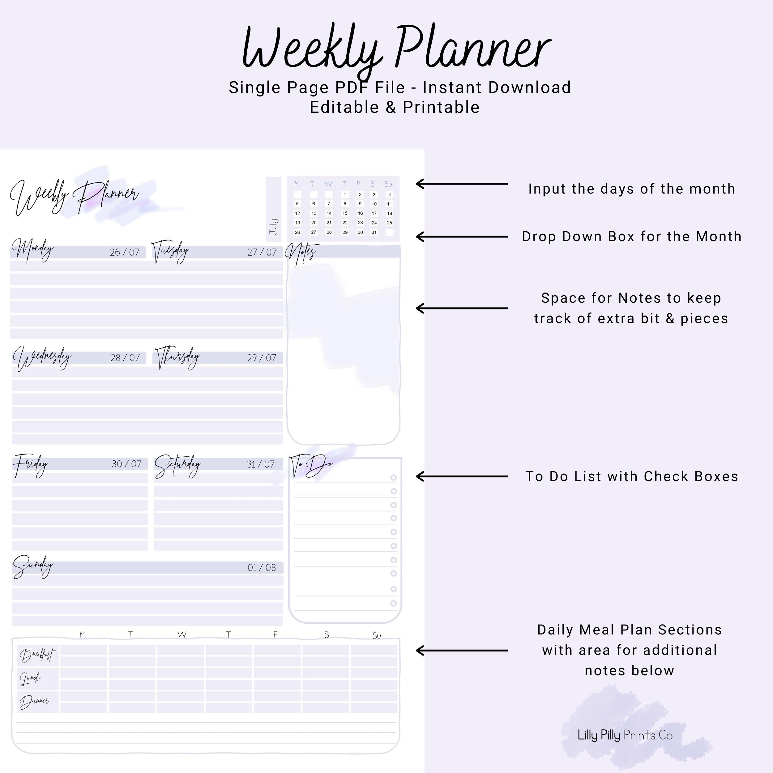 Editable PDF Weekly Planner | Printable & Editable | A4, A5, Letter ...