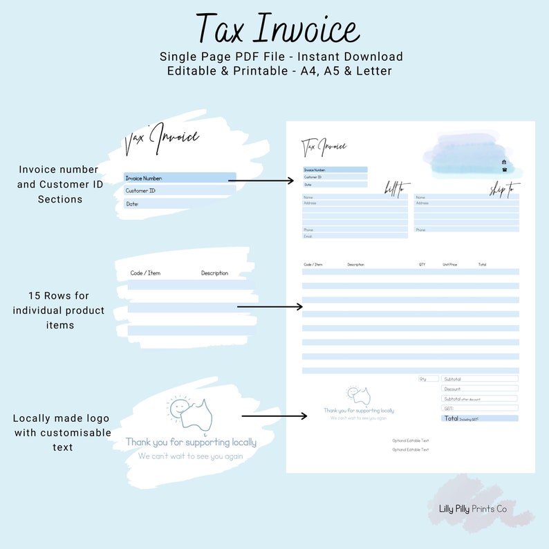 Editable PDF Tax Invoice | Printable & Editable | Professional Tax ...