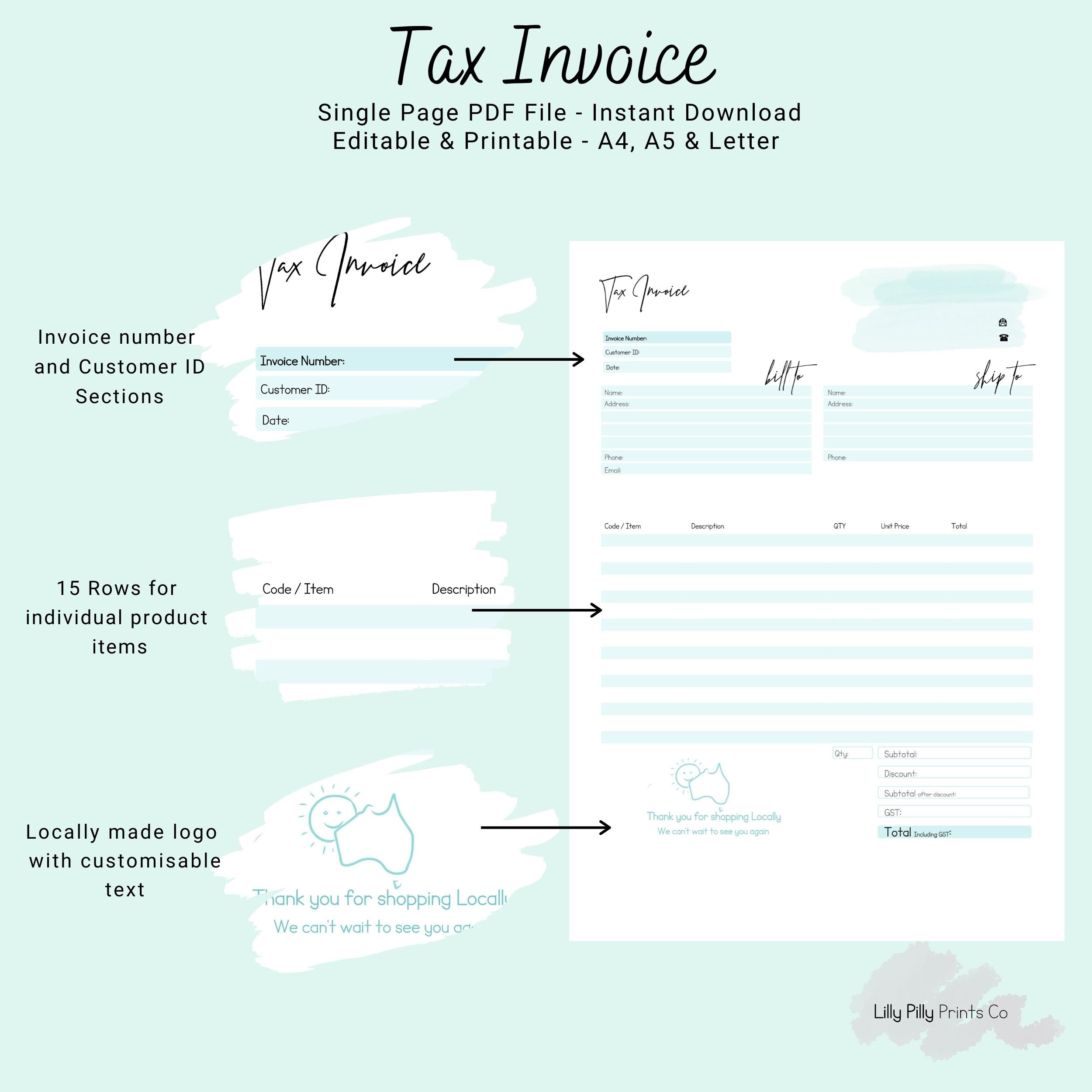 Editable PDF Tax Invoice Printable & Editable Professional Tax Invoice ...