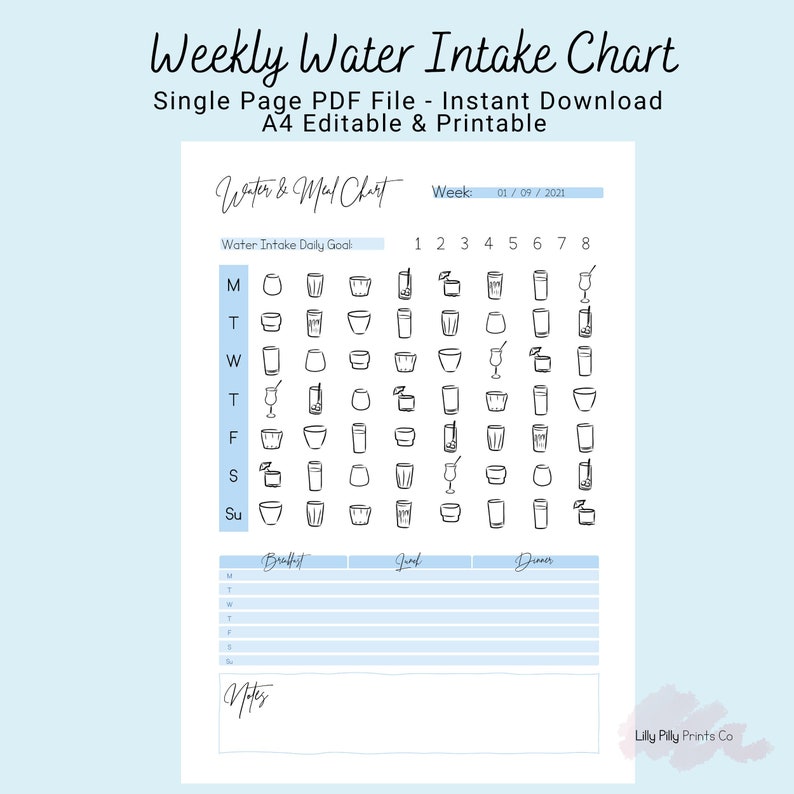 Editable PDF Weekly Water Intake Chart | Printable & Editable | 7 Day ...