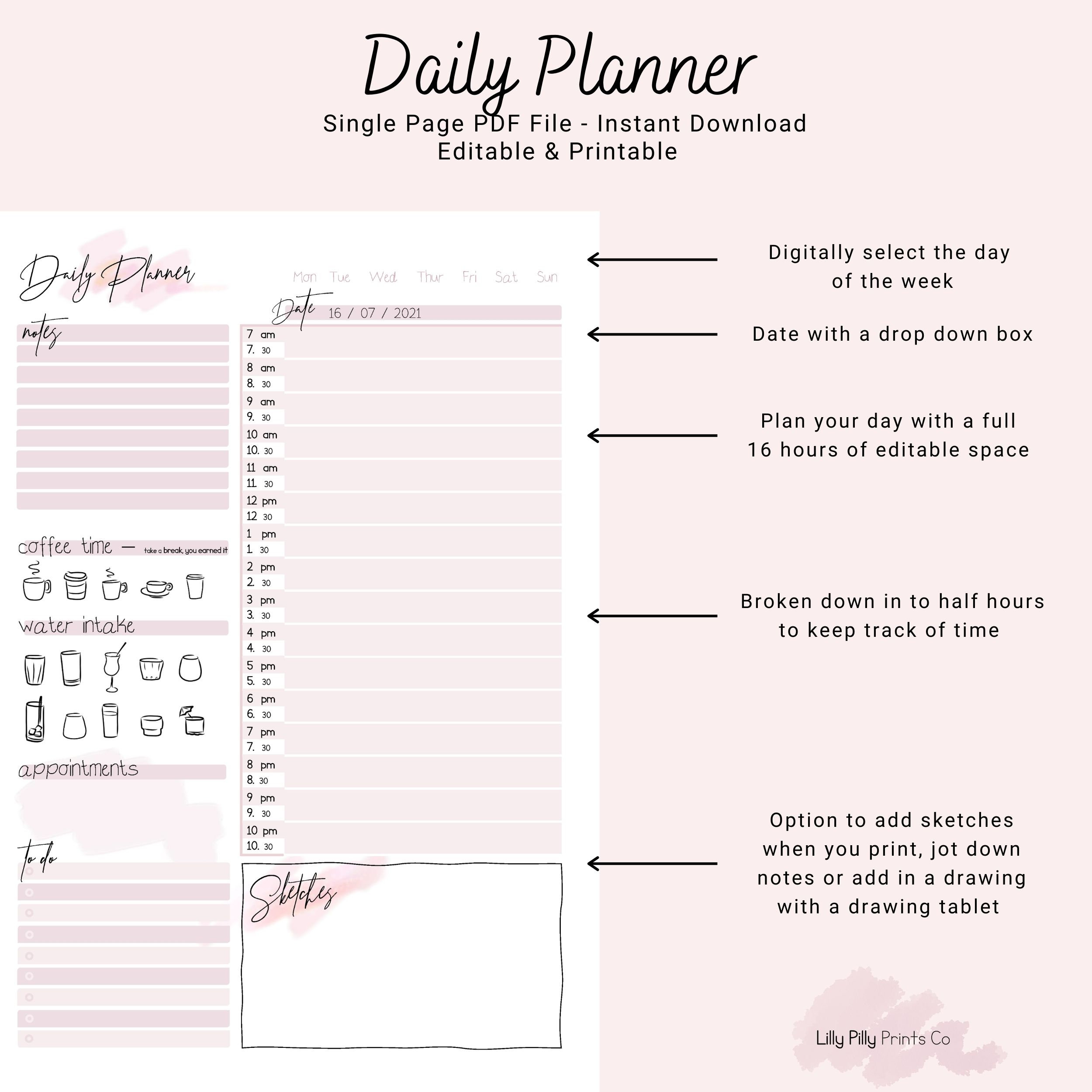 Editable PDF Daily Planner | Printable & Editable | Professional Daily ...