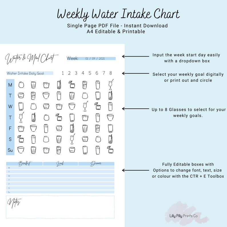 Editable PDF Weekly Water Intake Chart | Printable & Editable | 7 Day ...