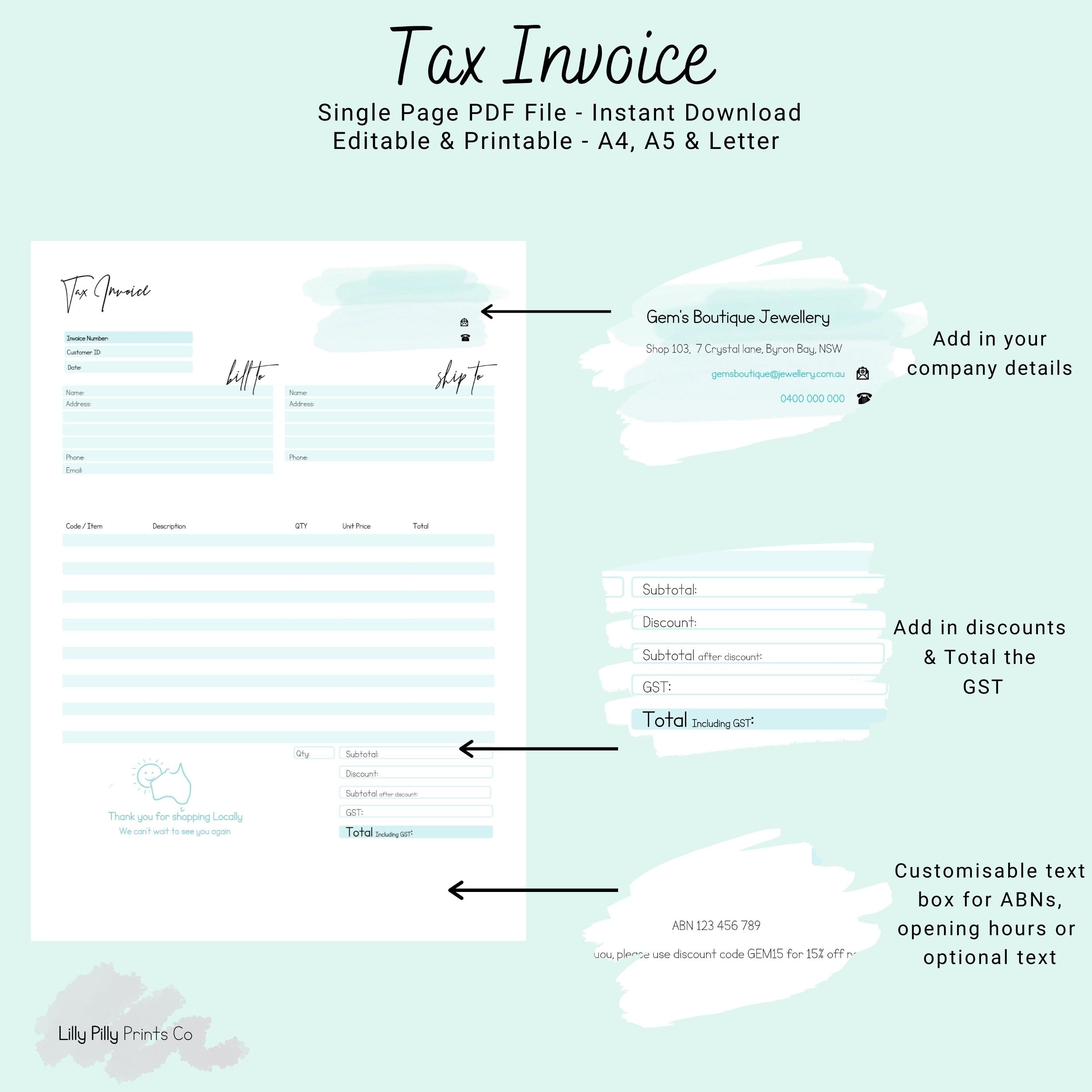 Editable PDF Tax Invoice Printable & Editable Professional Tax Invoice ...