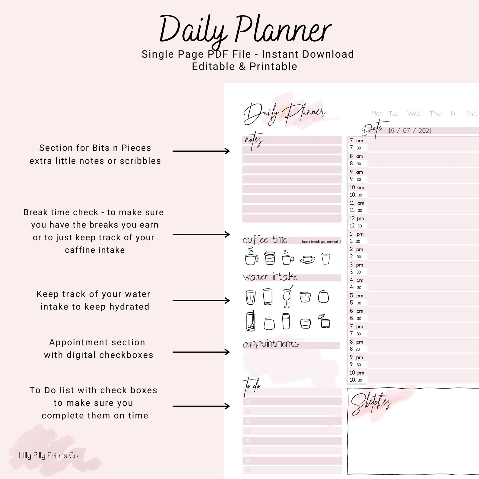 Editable PDF Daily Planner | Printable & Editable | Professional Daily ...