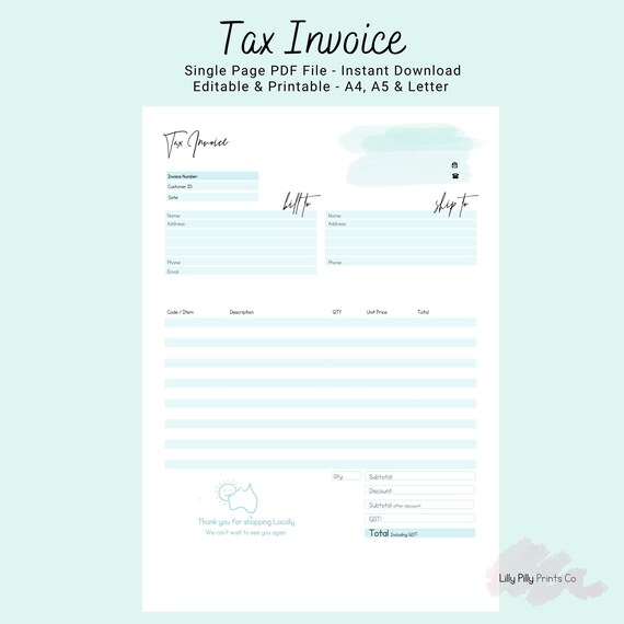 Editable PDF Tax Invoice Printable & Editable Professional - Etsy
