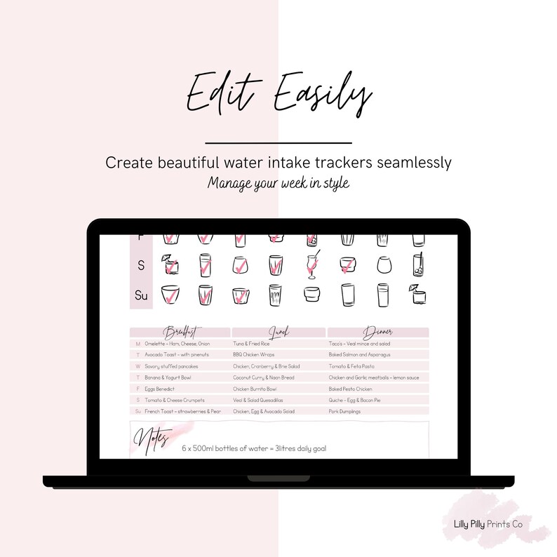 Editable PDF Weekly Water Intake Chart | Printable & Editable | 7 Day ...