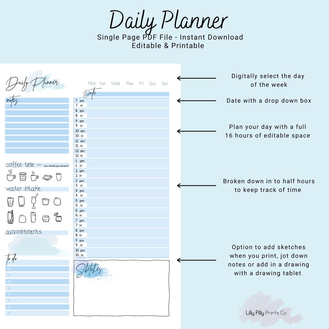 Editable PDF Daily Planner Printable & Editable Professional Daily ...