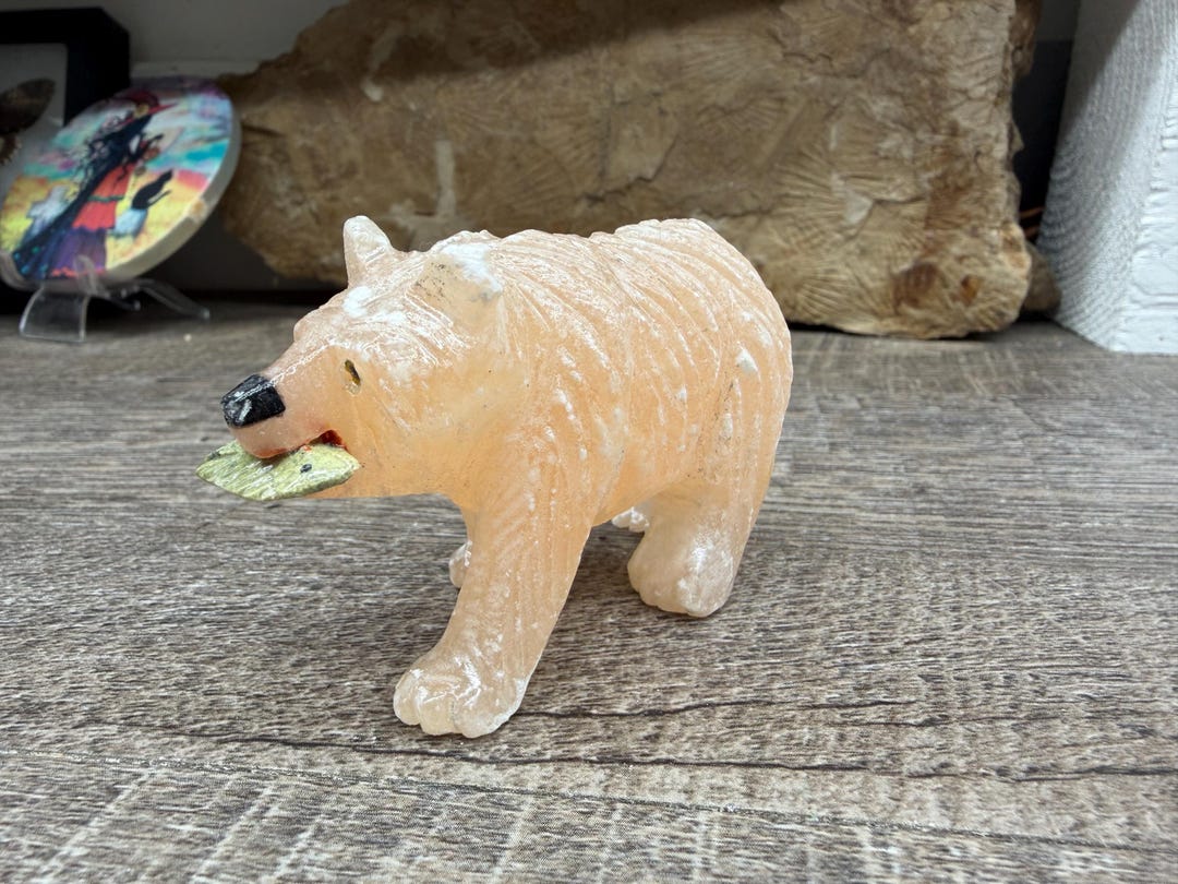 Orange Calcite Bear With Serpentine Fish 3” – Crystal Animal Carving ...