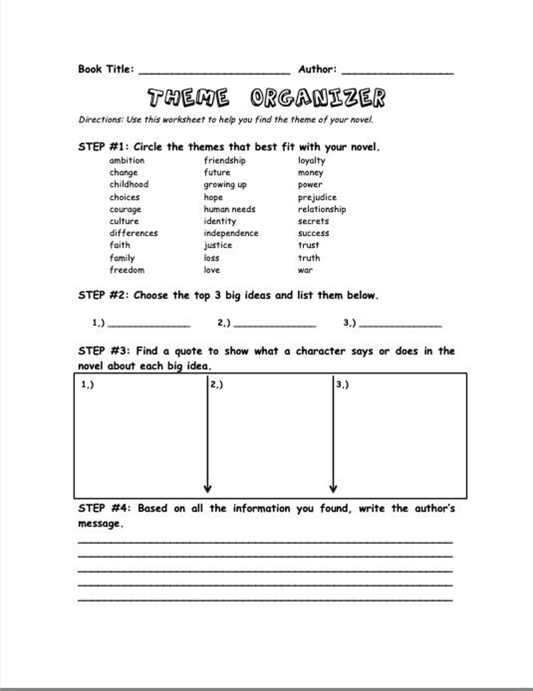 Theme Organizer Worksheet - Etsy