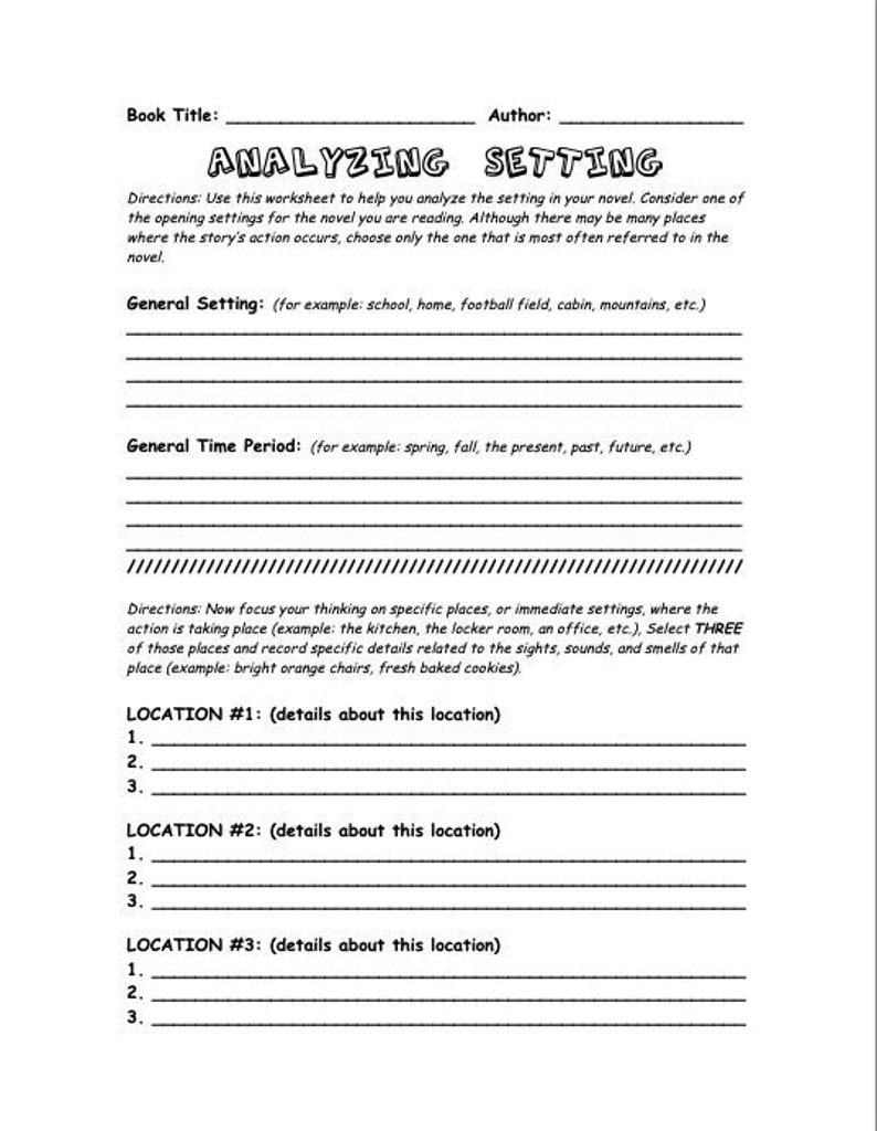 Analyzing Setting in a Novel Worksheet - Etsy