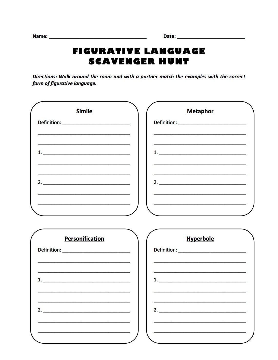 Figurative Language Scavenger Hunt Game & Worksheets - Etsy