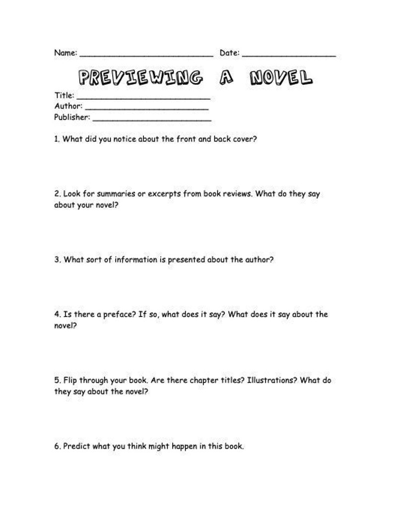Previewing a Novel Worksheet - Etsy