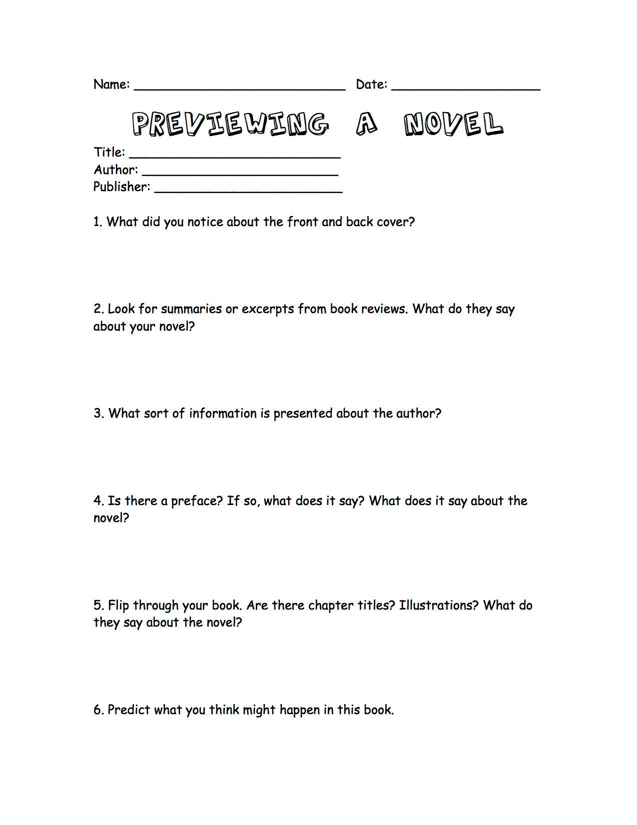 Worksheet for Any Novel - Etsy