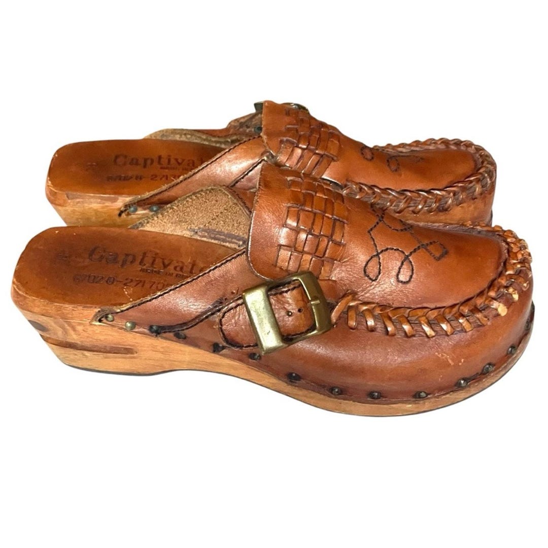 Vintage 70s Wooden Platform Clog Mules Leather 7 - Etsy