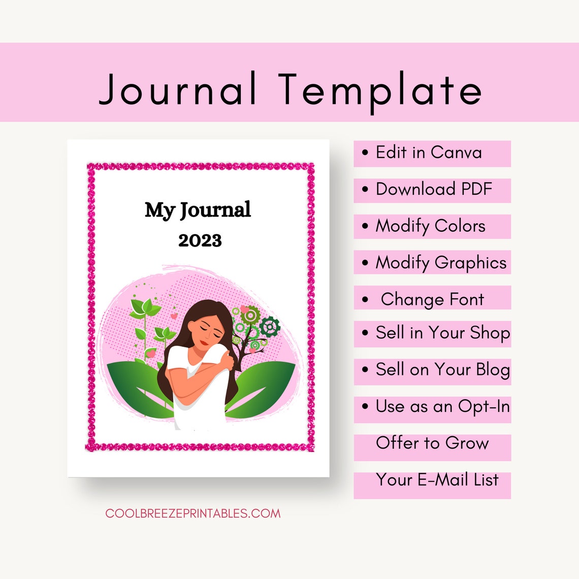 Printable Journal Pages, Journal Template Canva Pink, Editable ...