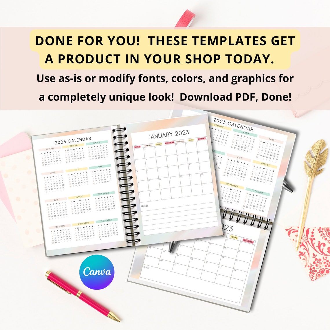Canva Printable 2023 Calendar Template, Canva Calendar Editable Bundle ...