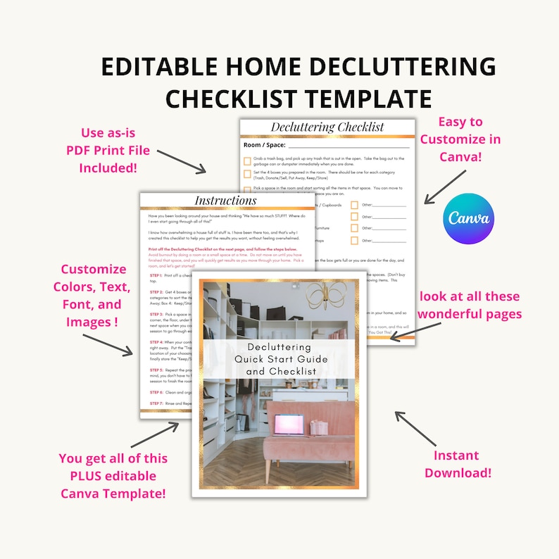 Printable Decluttering Checklist PDF, PLR Decluttering Guide, Editable Decluttering Canva ...
