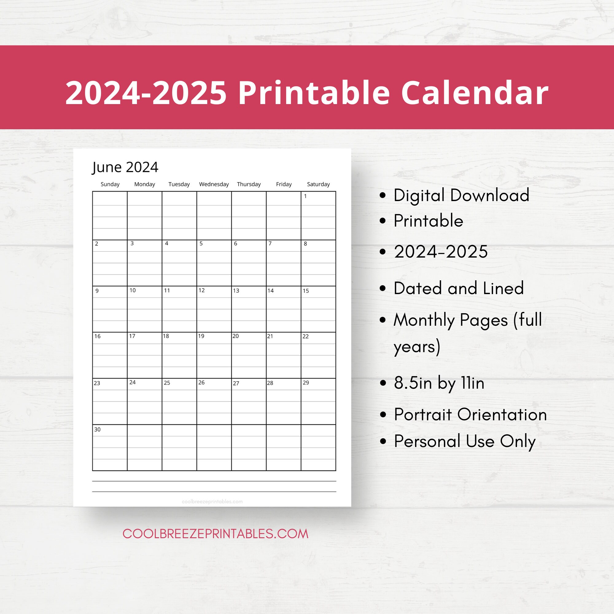 2024-2025 Monthly Calendar, Printable Monthly Calendar, Lined Monthly ...