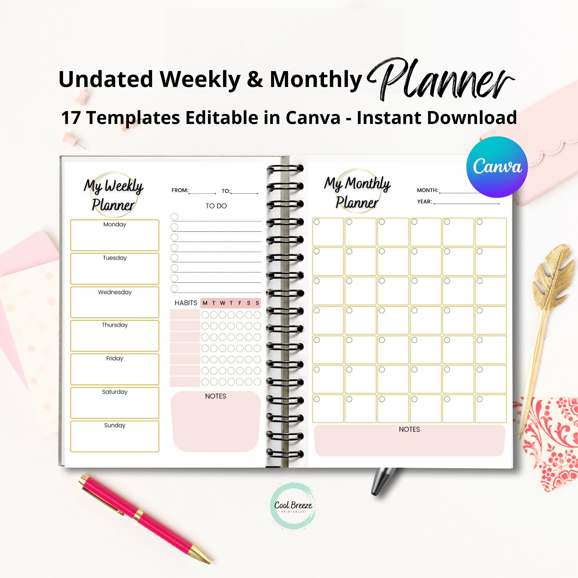 Canva Planner 17 Templates for Journal, Canva Planner Editable Bundle ...