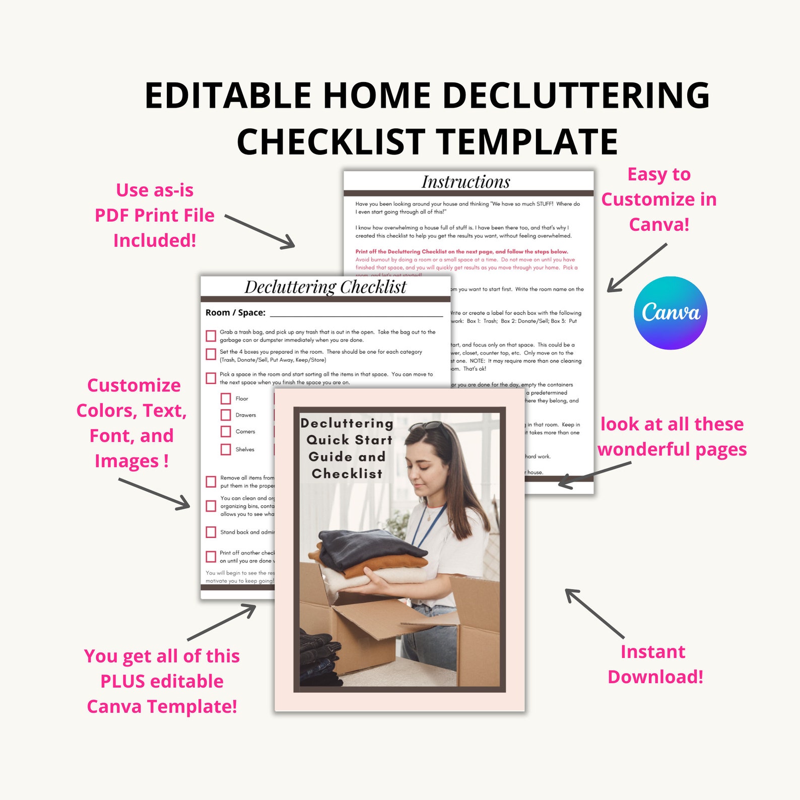 Printable Decluttering Checklist PDF, PLR Decluttering Guide, Editable ...
